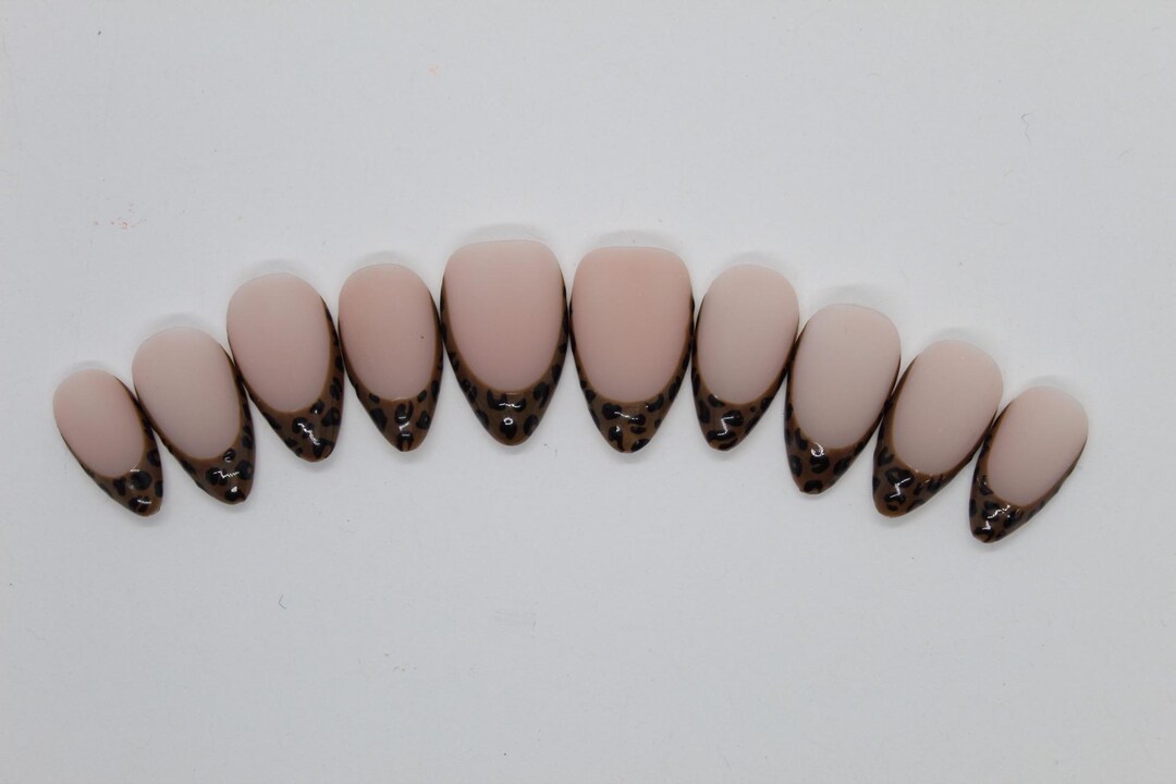 Black and Olive Brown Cheetah French Tip Press Ons: Coffin, Almond ...