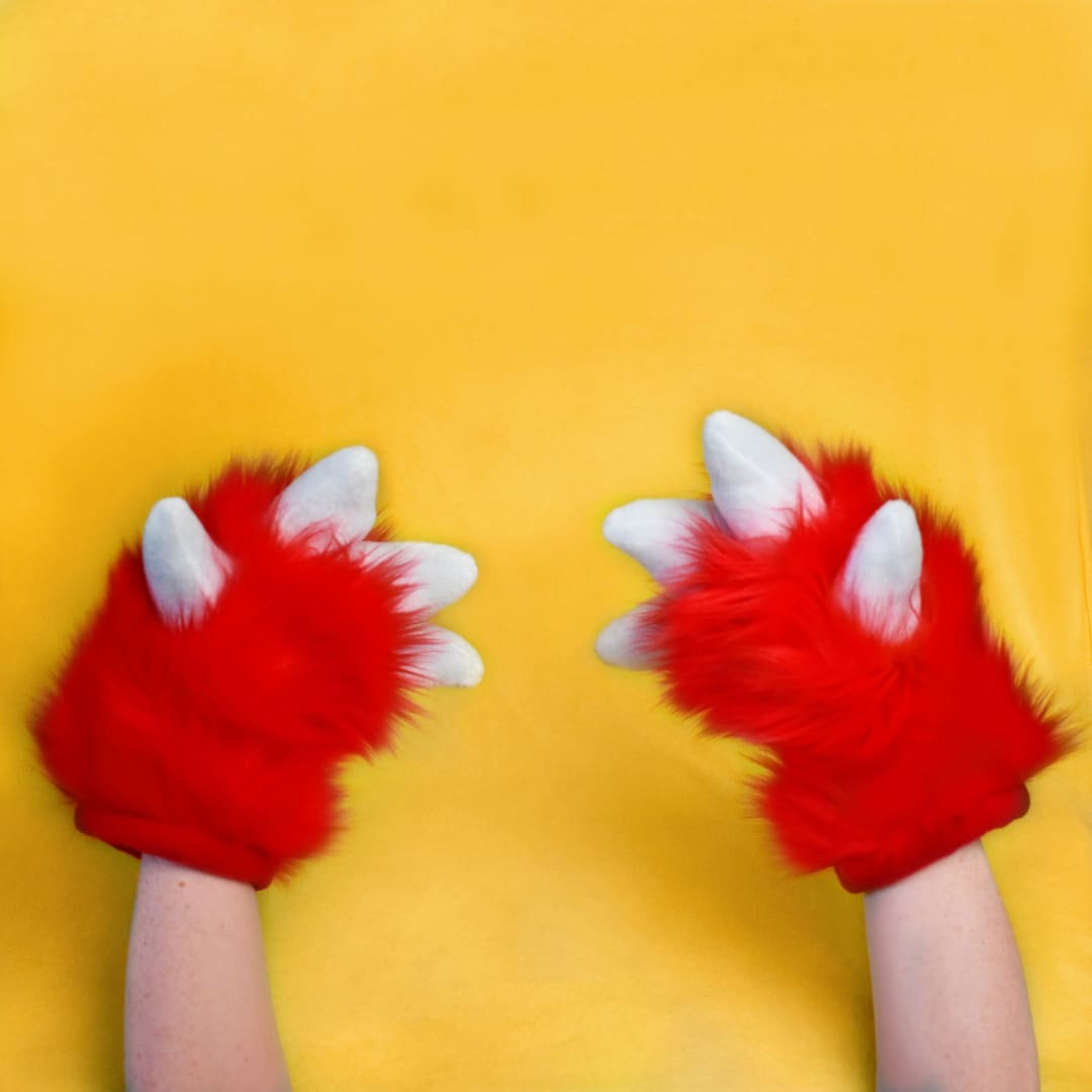 Bright Red Furry Plush Fursuit Hand Paws - Red Luxury Fur With White ...