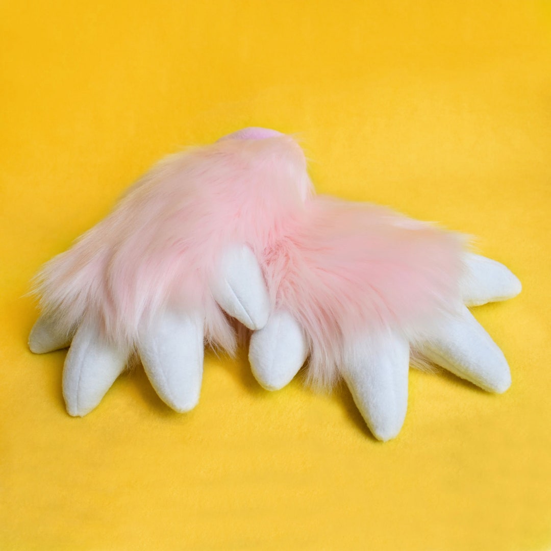 Baby Pink Furry Plush Fursuit Hand Paws - Pastel Pink Fur With White ...