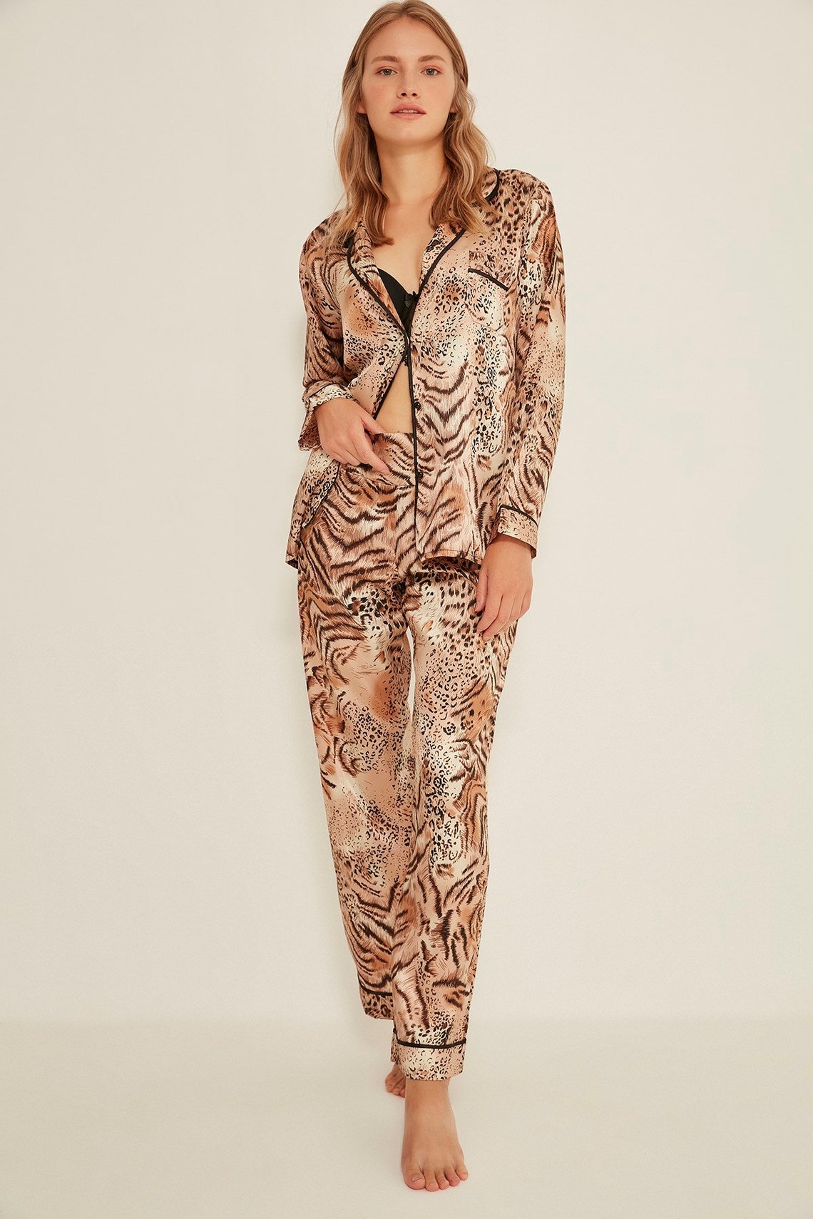 Leopard Patterned Brown Satin 2 Piece Pajamas Set For Women Etsy