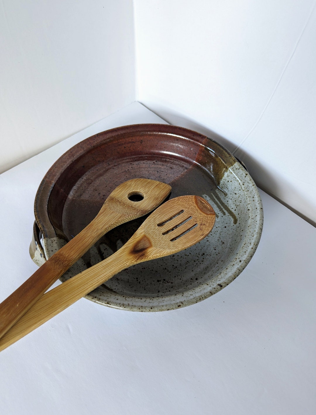 Studio Pottery Circular Baking Dish With Handles - Brown Drip and ...