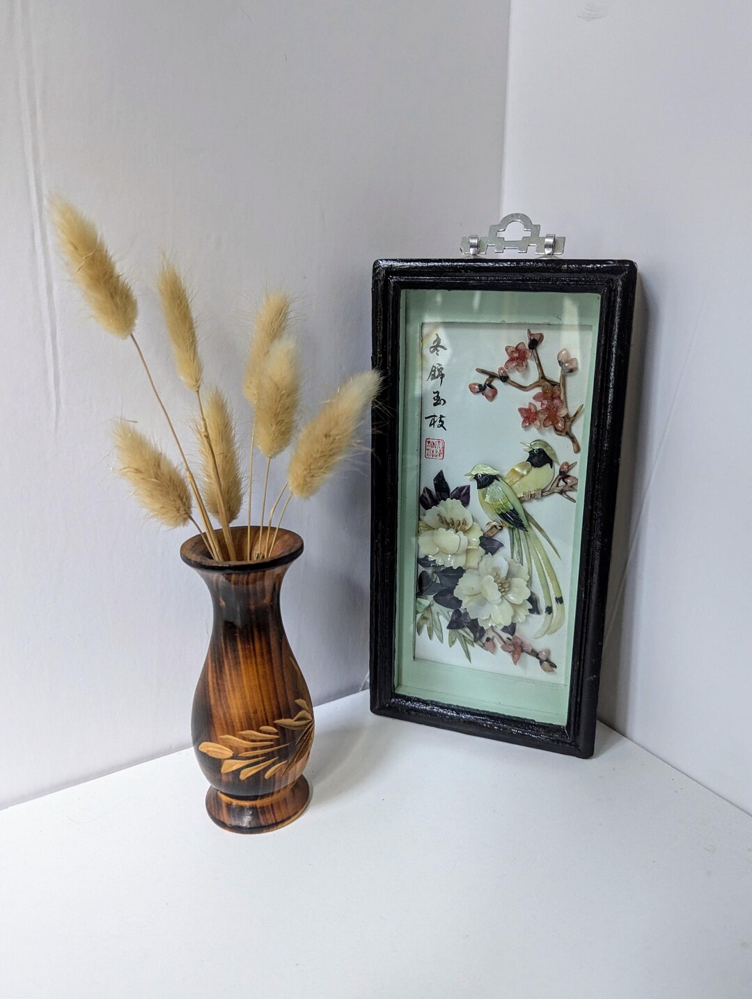 Vintage Framed/ Shadow Box of Birds and Flowering Tree Branches Made of ...