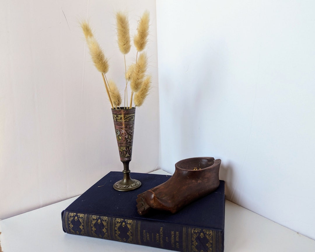 Small Vintage Brass Vases With Carved and Painted Details, Inverted ...