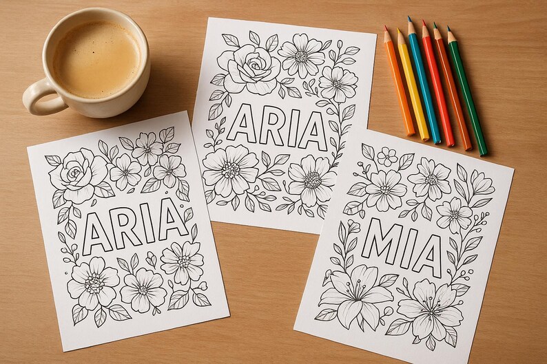 Personalized Floral Coloring Page: Custom Name Printable (digital ...