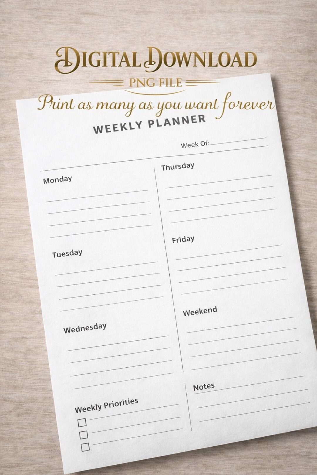 Minimalist Weekly Planner Printable | Undated PNG (digital Download) - Etsy