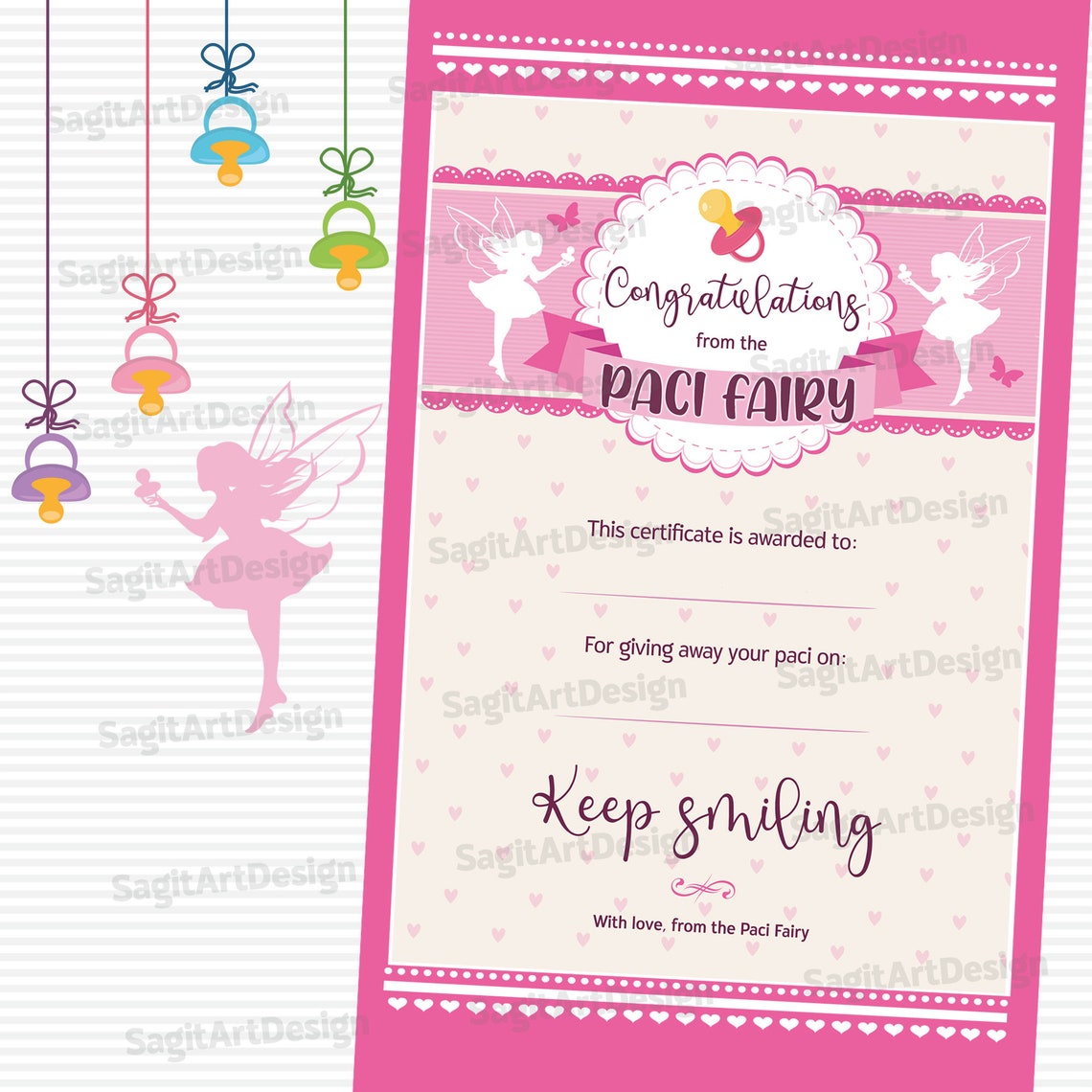 Pink Paci Fairy Award Certificate for Girl Weaning Pacifier | Etsy