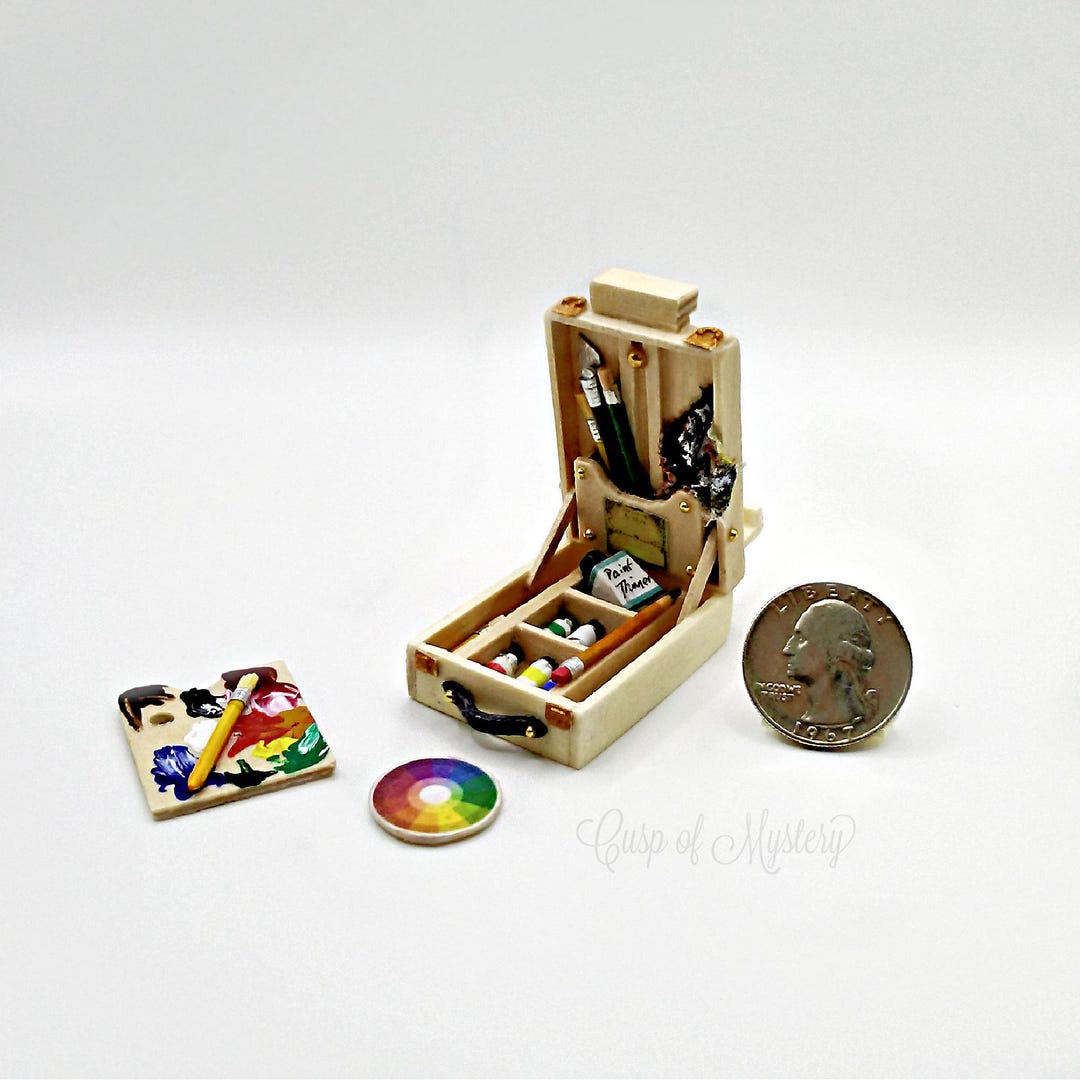 Dollhouse Miniature Artist Paint Box Easel Set, Handmade Tiny Art ...