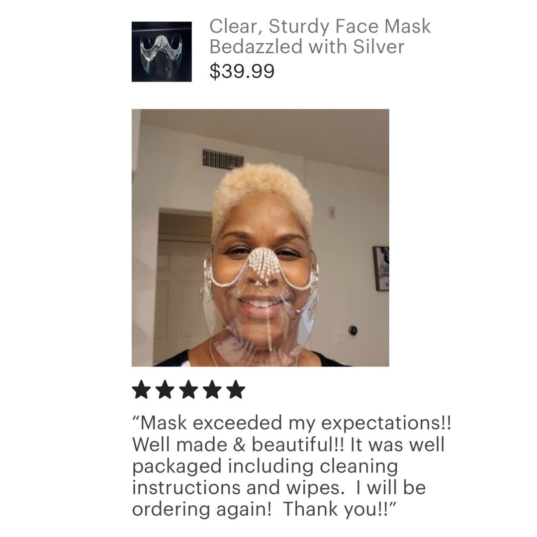 Clear Mouth Mask Shield Elegant Silver Bling Rhinestones Adult Sized ...