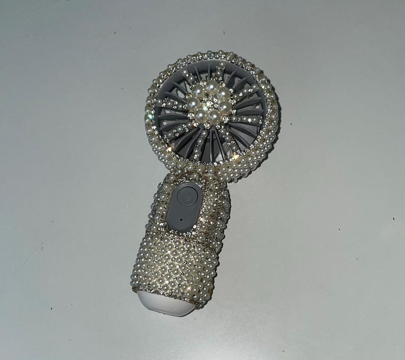 Blinged-out Mini Fan | Pearl & Rhinestone Bedazzled Rechargeable Bridal ...