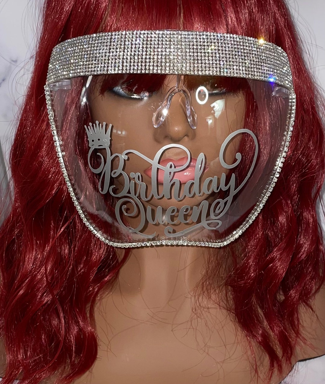Birthday Queen Decal Face Shield | Silver Rhinestone Band | Rhinestones ...
