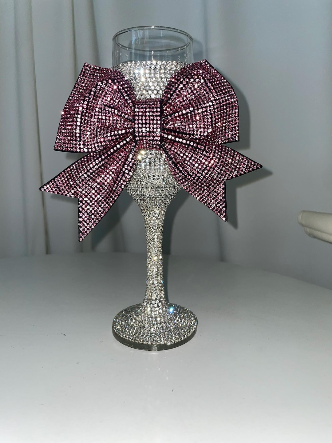 Pink Bow Champagne Glass | 8" Glass Wrapped in Silver Bling | Pink ...
