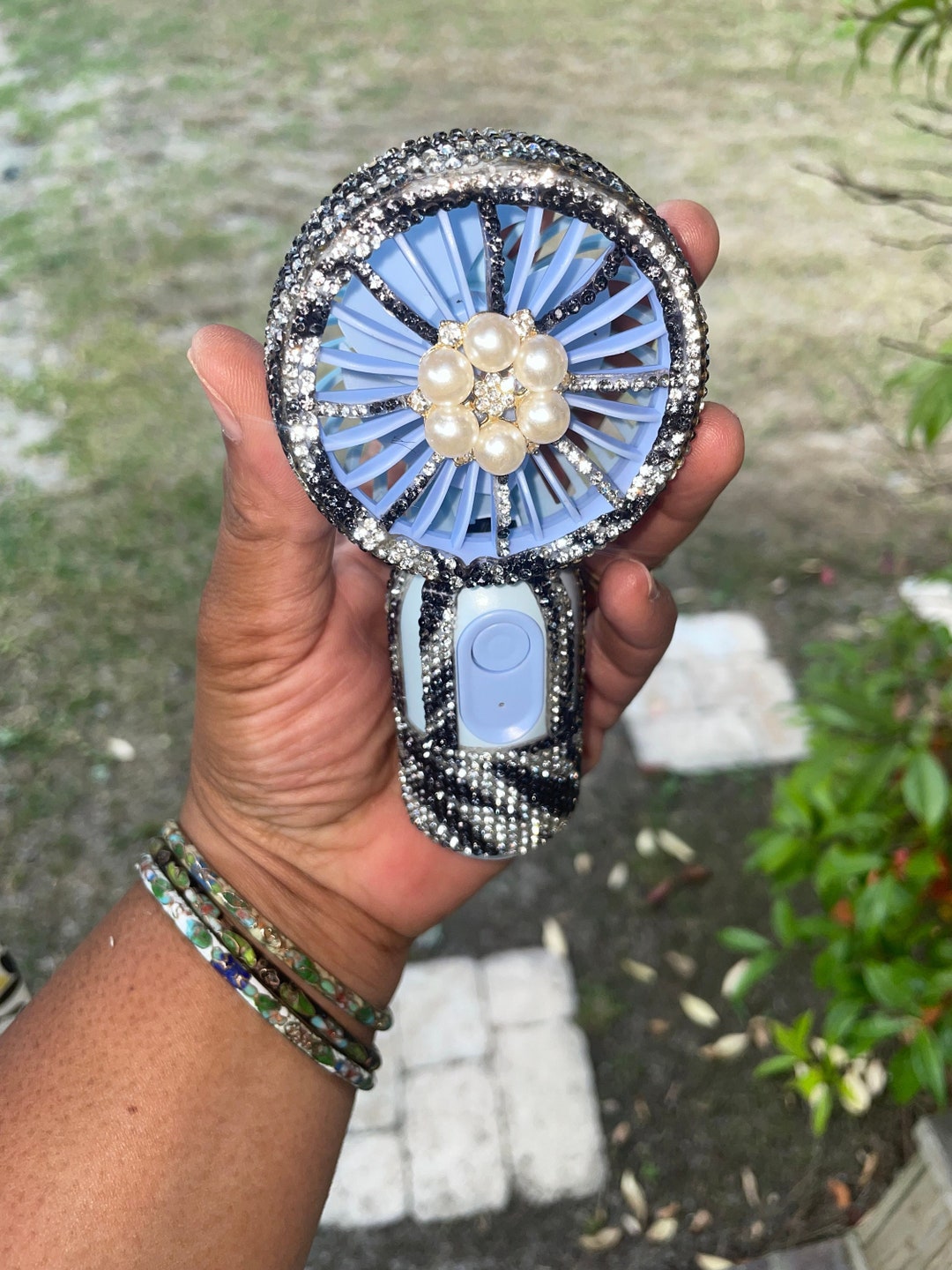 Powder Blue Handheld Fan | Black & Silver Zebra Bling, Bedazzled - Etsy