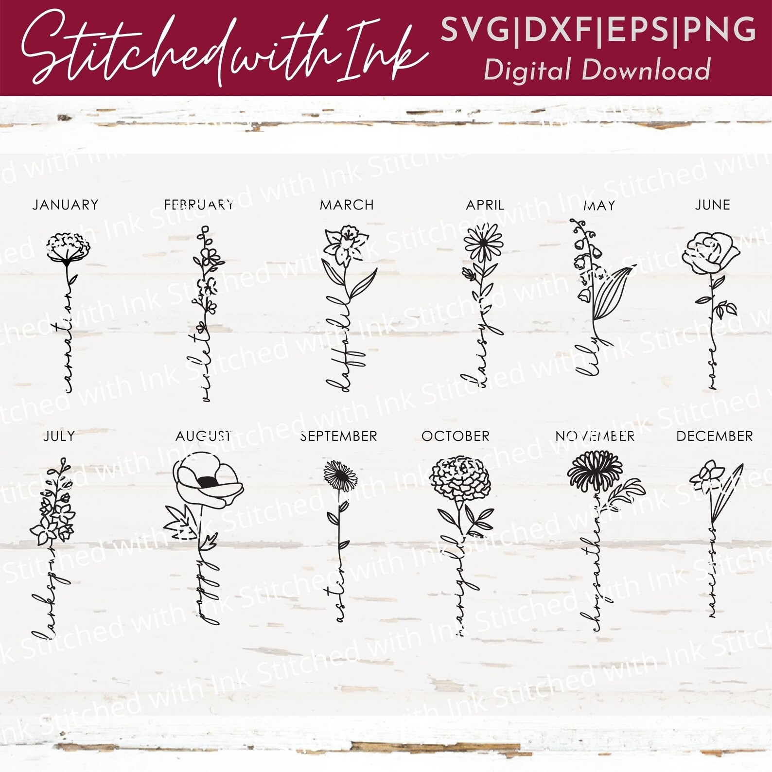Birth Month Flower SVG Botanical Svg Flower Line Art Svg - Etsy
