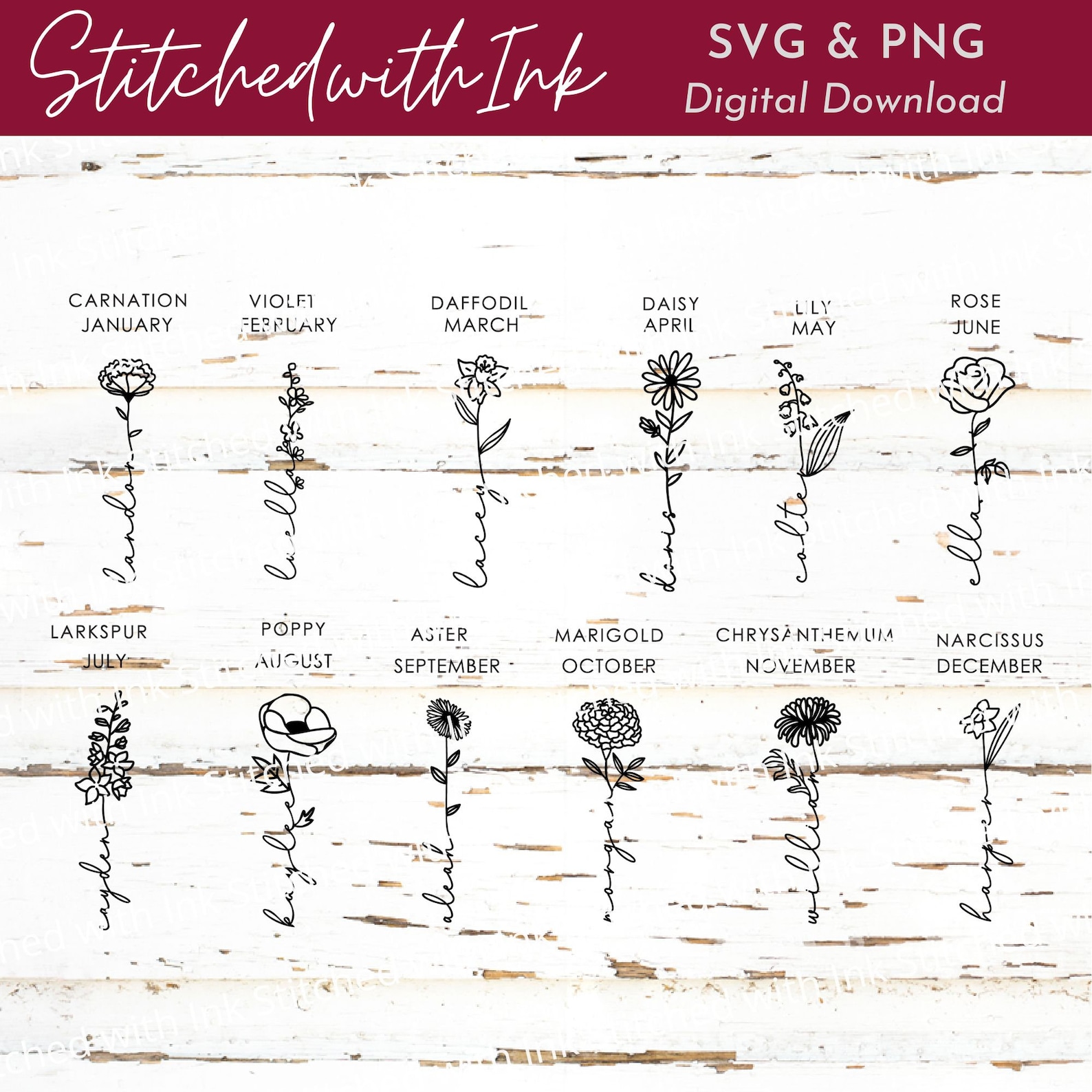 Birth Month Flower SVG, Flower Stem Svg, Birth Flower Svg, Flower Name ...