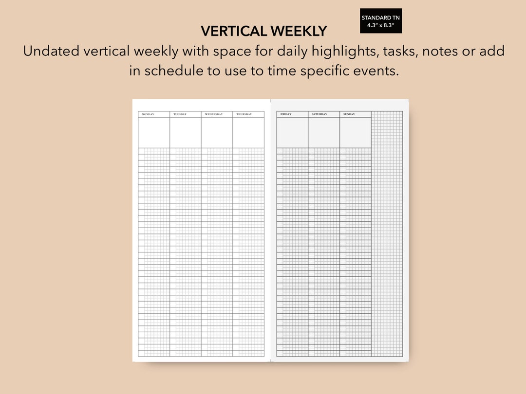 Standard Travelers Notebook Weekly Insert, Standard TN Weekly Refill ...
