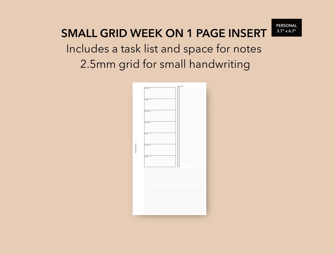 Personal Size Week on 1 Page Insert Small Grid WO1P Insert, Week on 1 ...