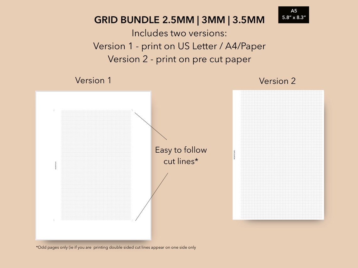 A5 Grid Bundle 2.5MM 3MM 3.5MM Basic Planner Pages, Square Grid ...