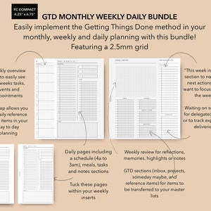 FC Compact Getting Things Done Printable Planner Inserts, GTD Method Monthly, Weekly Daily ...