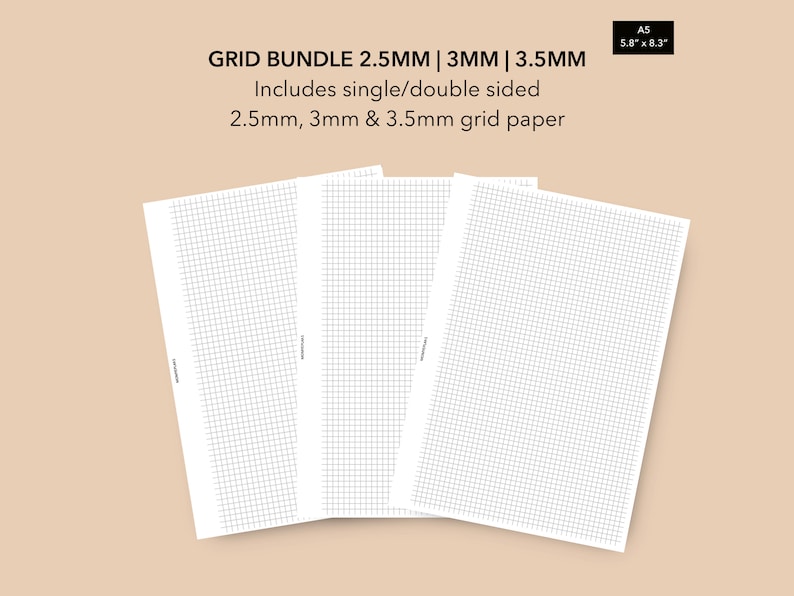 A5 Grid Bundle 2.5MM 3MM 3.5MM Basic Planner Pages, Square Grid ...