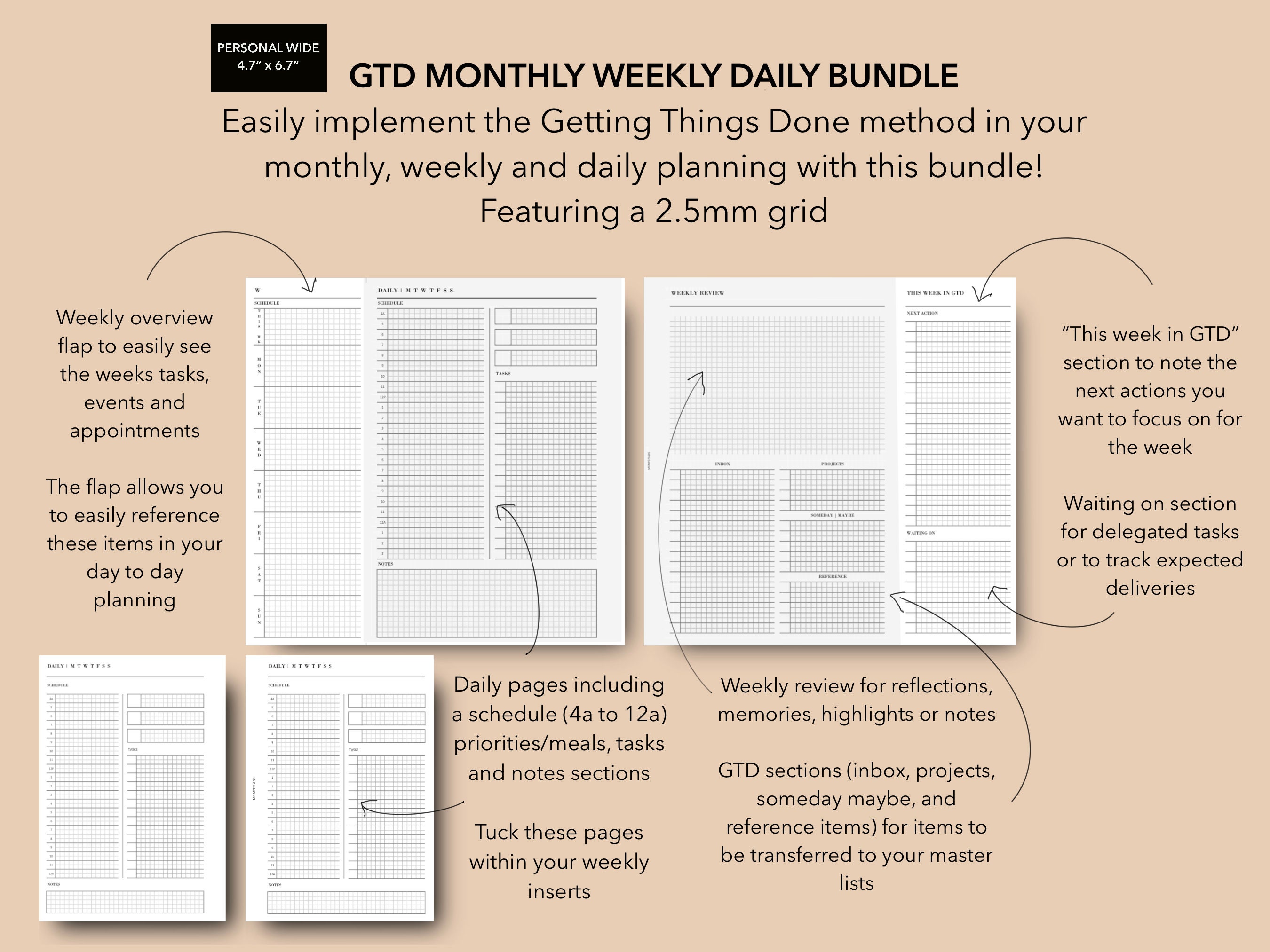 Personal Wide Getting Things Done Printable Planner Inserts | Etsy