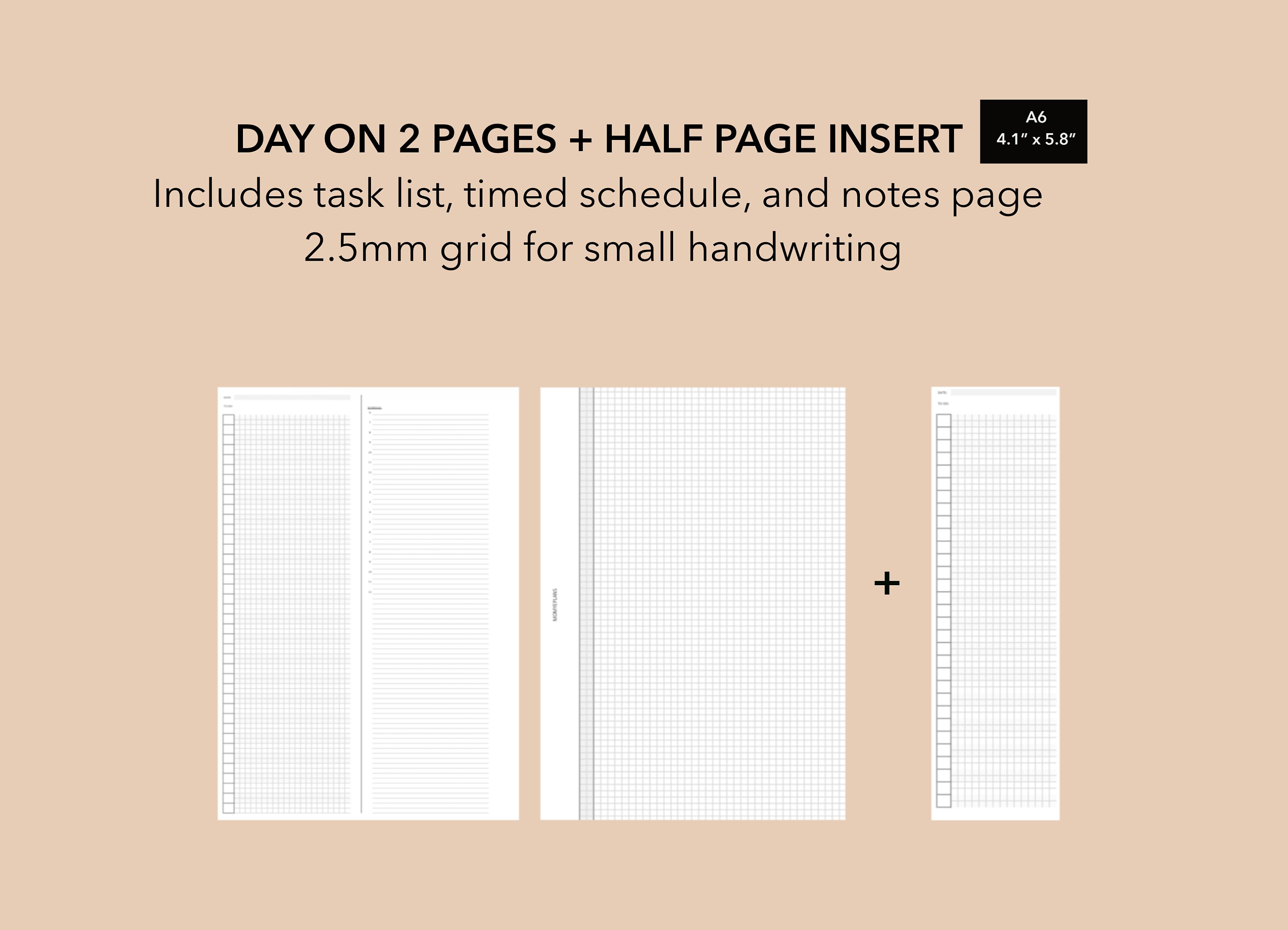 A6 Day on 2 Page Insert, Small Grid Insert, DO2P A6 Inserts, A6 Half ...