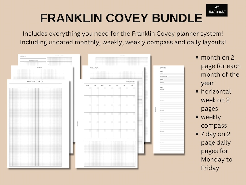 A5 Franklin Covey Printable Planner Inserts Bundle (digital Download ...