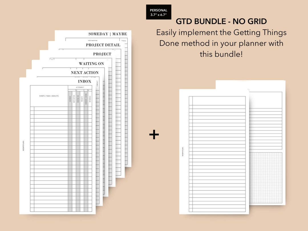 Personal Getting Things Done NO GRID Printable Planner Inserts, GTD Method Monthly, Weekly Daily ...
