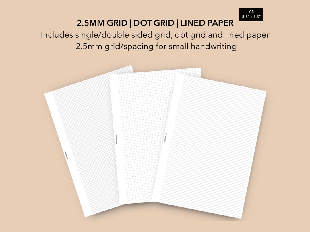 A5 Basic Pages Inserts 2.5MM Spacing/grid, Square Grid, Dot Grid, Lined ...