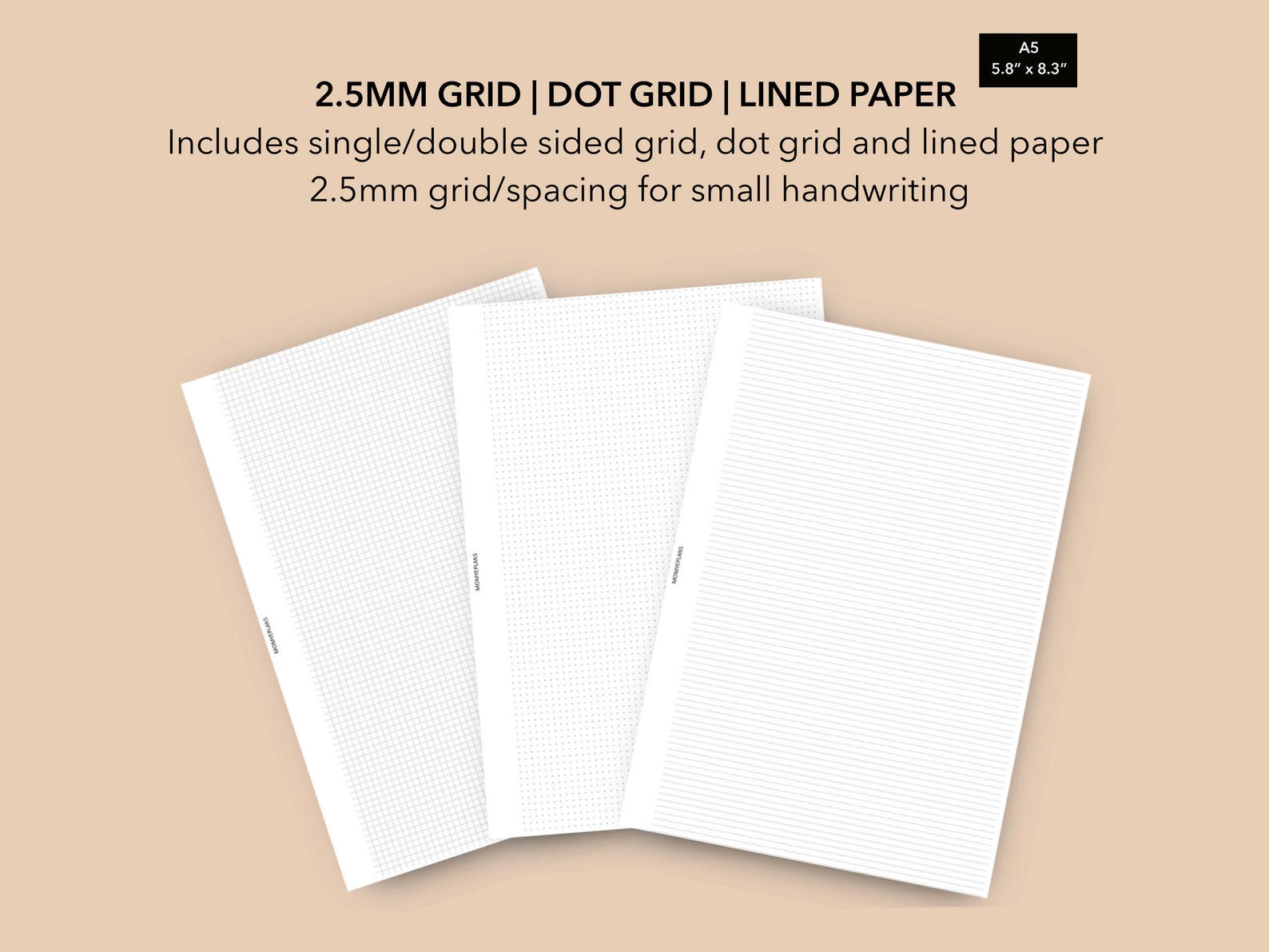 A5 Basic Pages Inserts 2.5MM Spacing/grid, Square Grid, Dot Grid, Lined ...