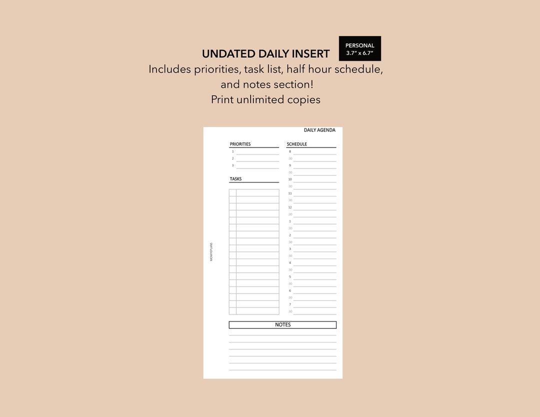 Personal Daily Planner Inserts, Printable Hourly Planner, Filofax ...