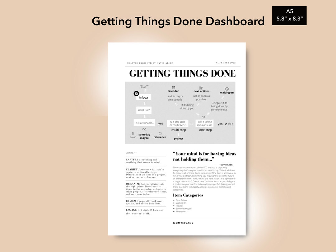 A5 Getting Things Done System Dashboard, A5 Printable Dashboard, Getting Things Done by David ...
