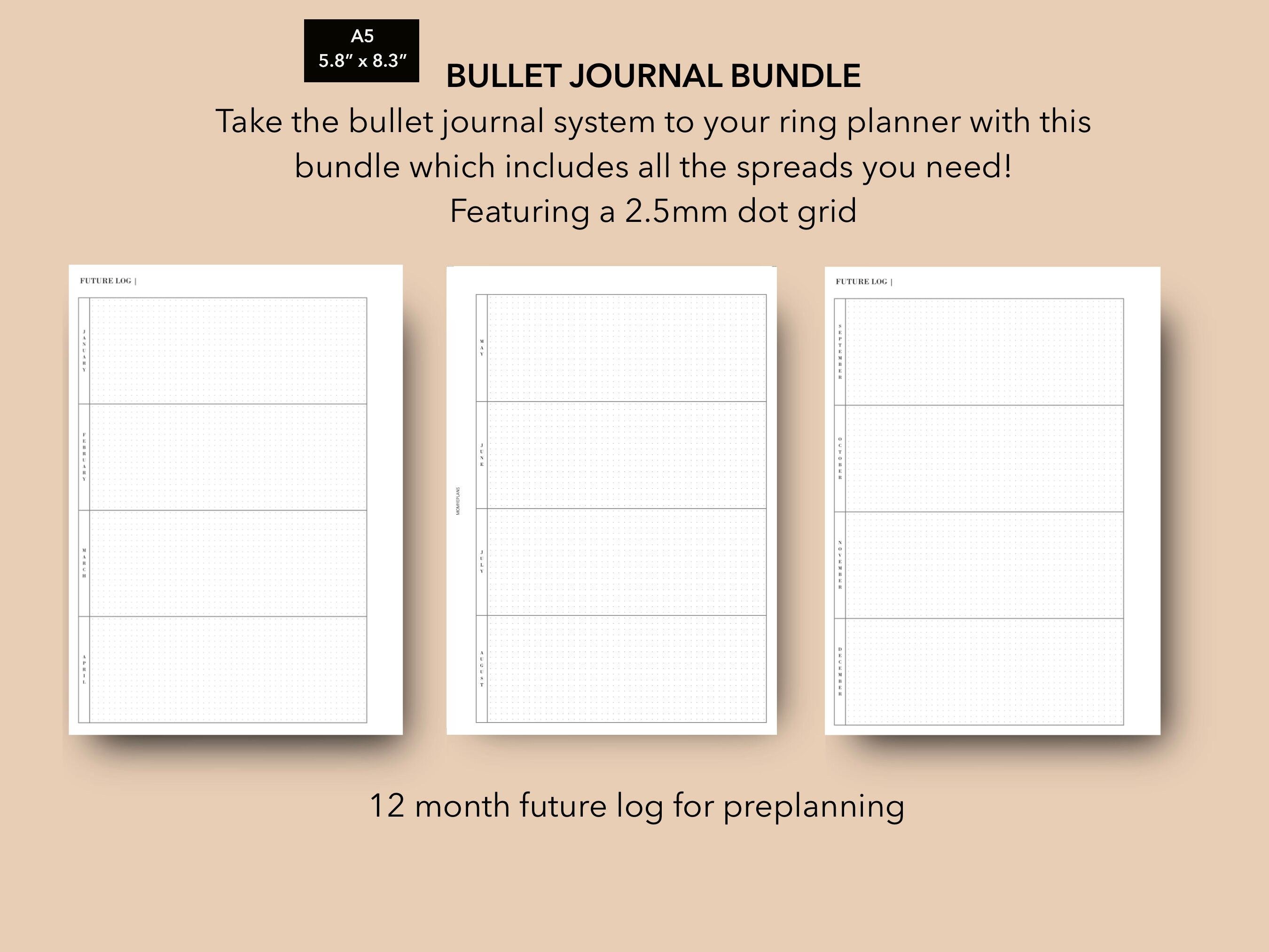 A5 Printable Bullet Journal Bundle, A5 Bujo Inserts, Dot Grid Refills ...