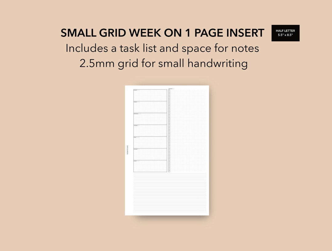 Week on 1 Page Insert Half Letter Discbound, Small Grid Weekly Overview ...