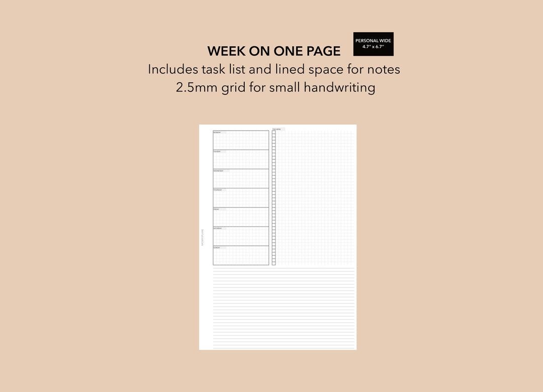 Personal Wide Week on 1 Page Insert, Small Grid Insert, WO1P PW Inserts ...