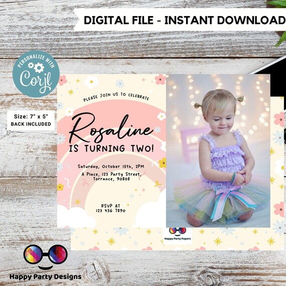 Editable Rainbow Birthday Party Invitation With Picture - Etsy