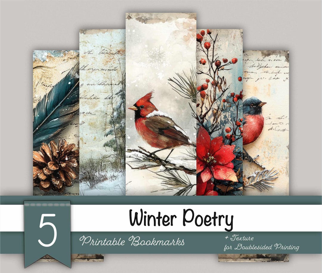 Vintage Winter Bookmark Set, Feather Cardinal Poinsettia Design, Cozy ...