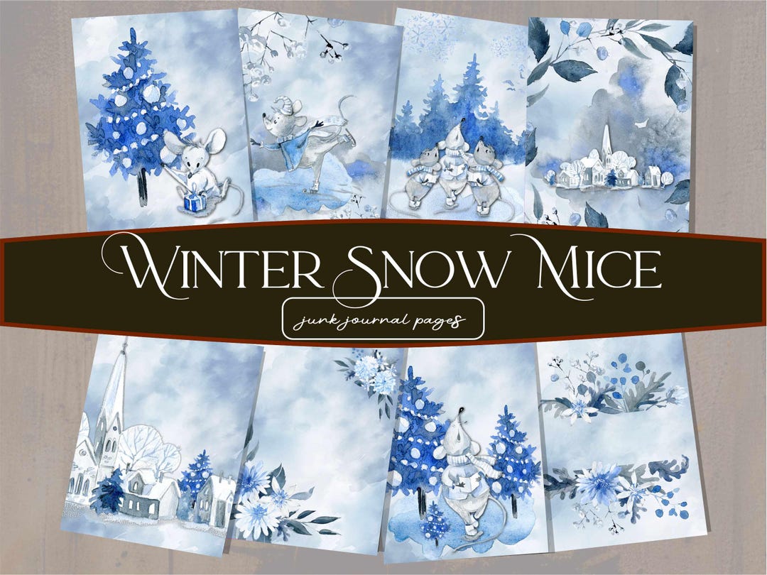 Winter Snow Mice Junk Journal Pages, Blue White Christmas Digital Paper ...