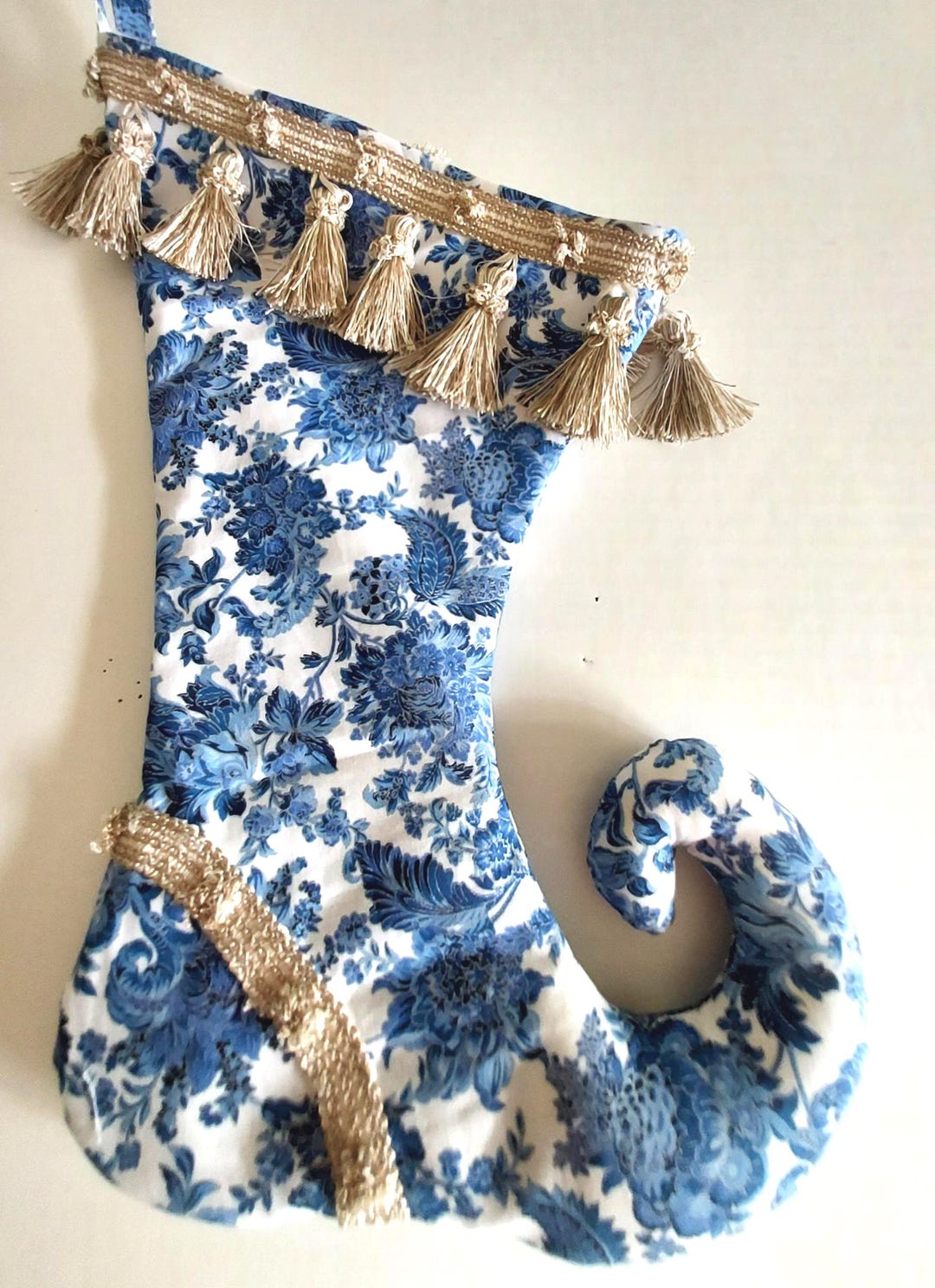 Victorian Christmas Stocking Curly Elf Toe White /blue - Etsy