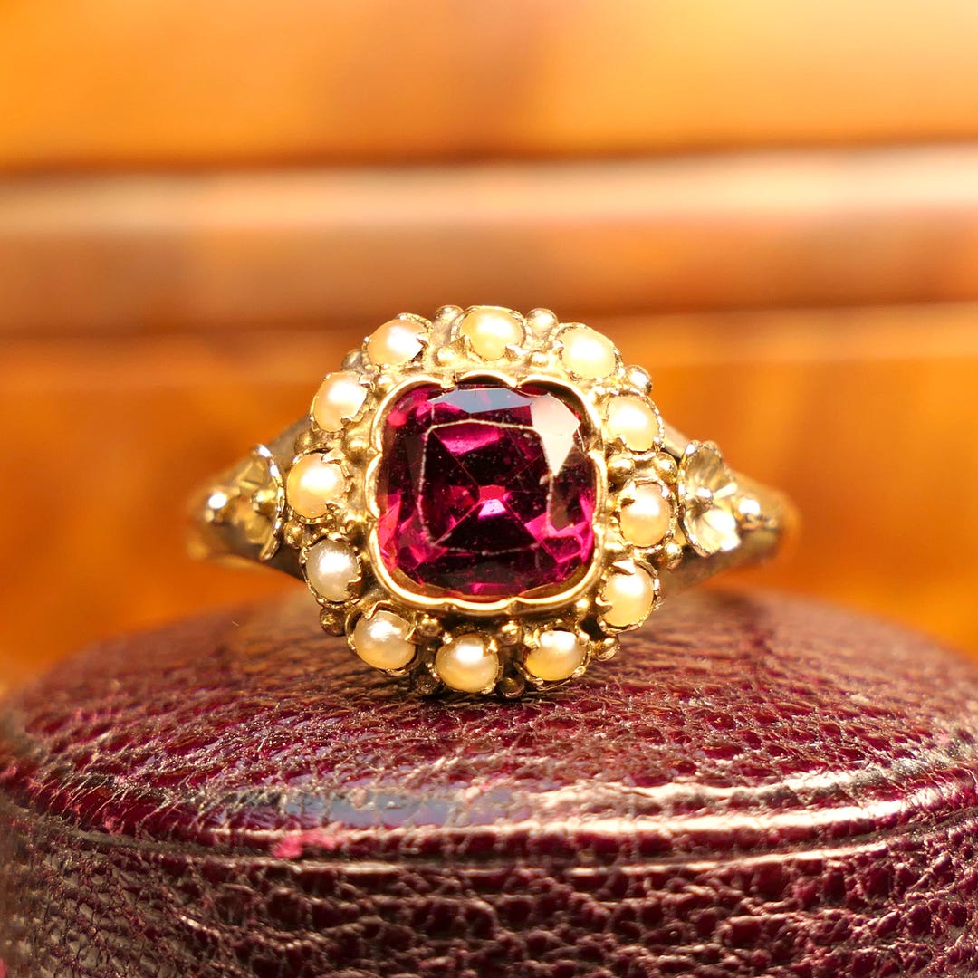 Victorian 15ct Gold, Almandine Garnet & Split Pearl Cluster Ring - Etsy