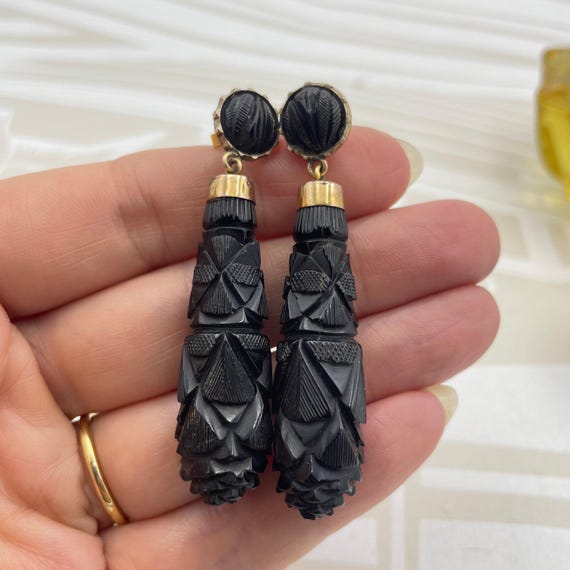 Victorian Carved Whitby Jet 9ct Gold Torpedo Drop Earrings Etsy