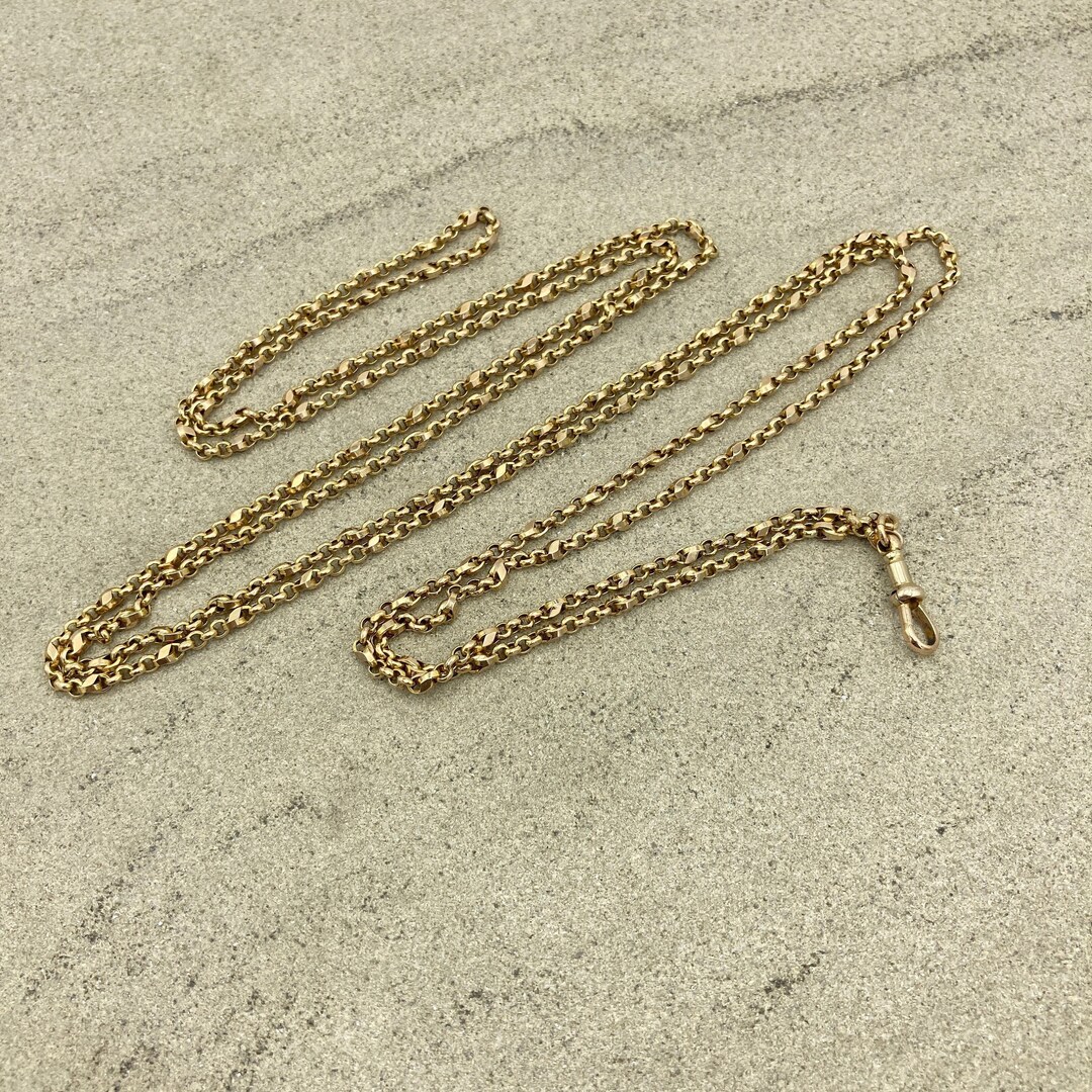Antique 9ct Gold Long Guard Chain, Tulip & Belcher Link Chain Necklace ...