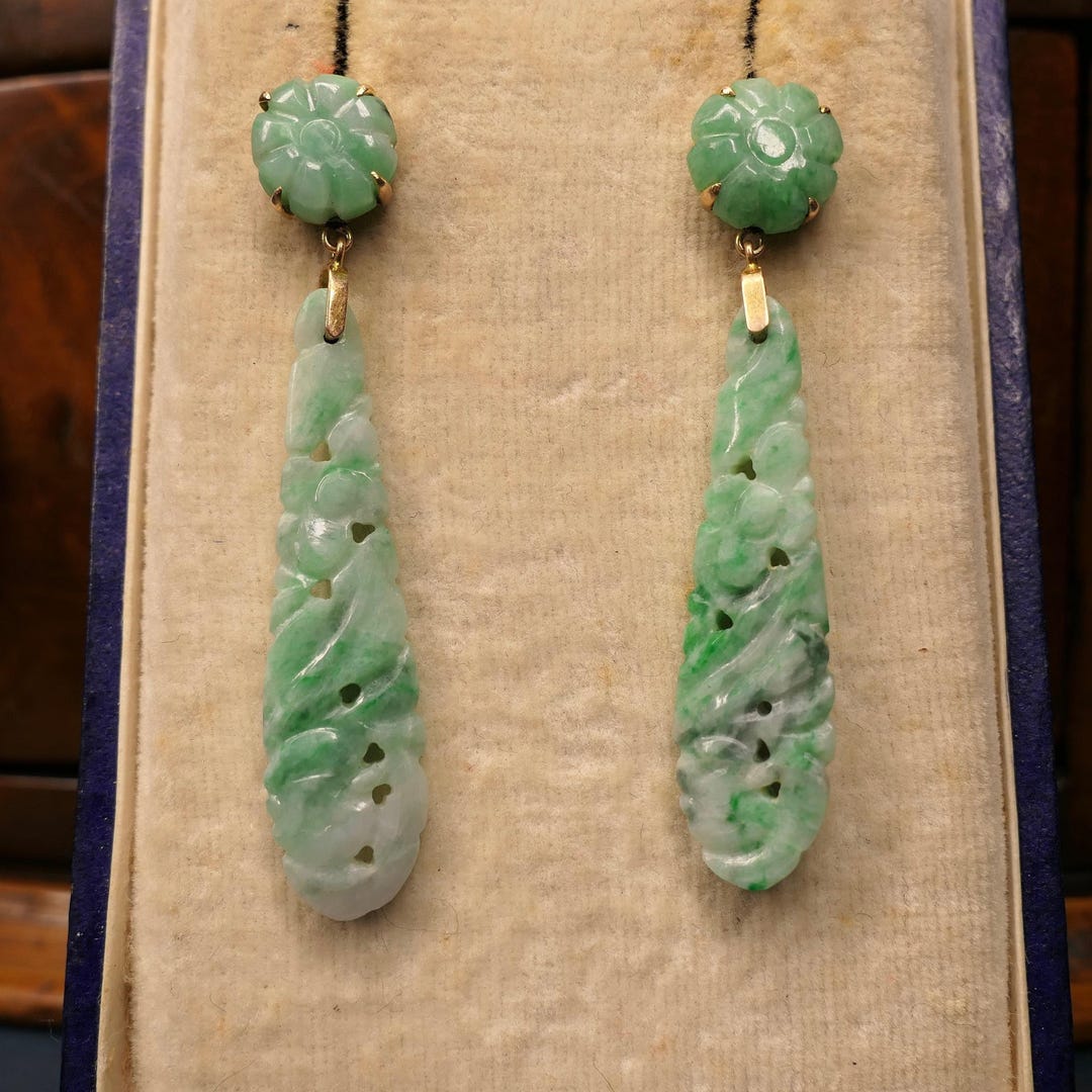 Original Art Deco, Gold & Carved Pierced Jade Teardrop Earrings - Etsy