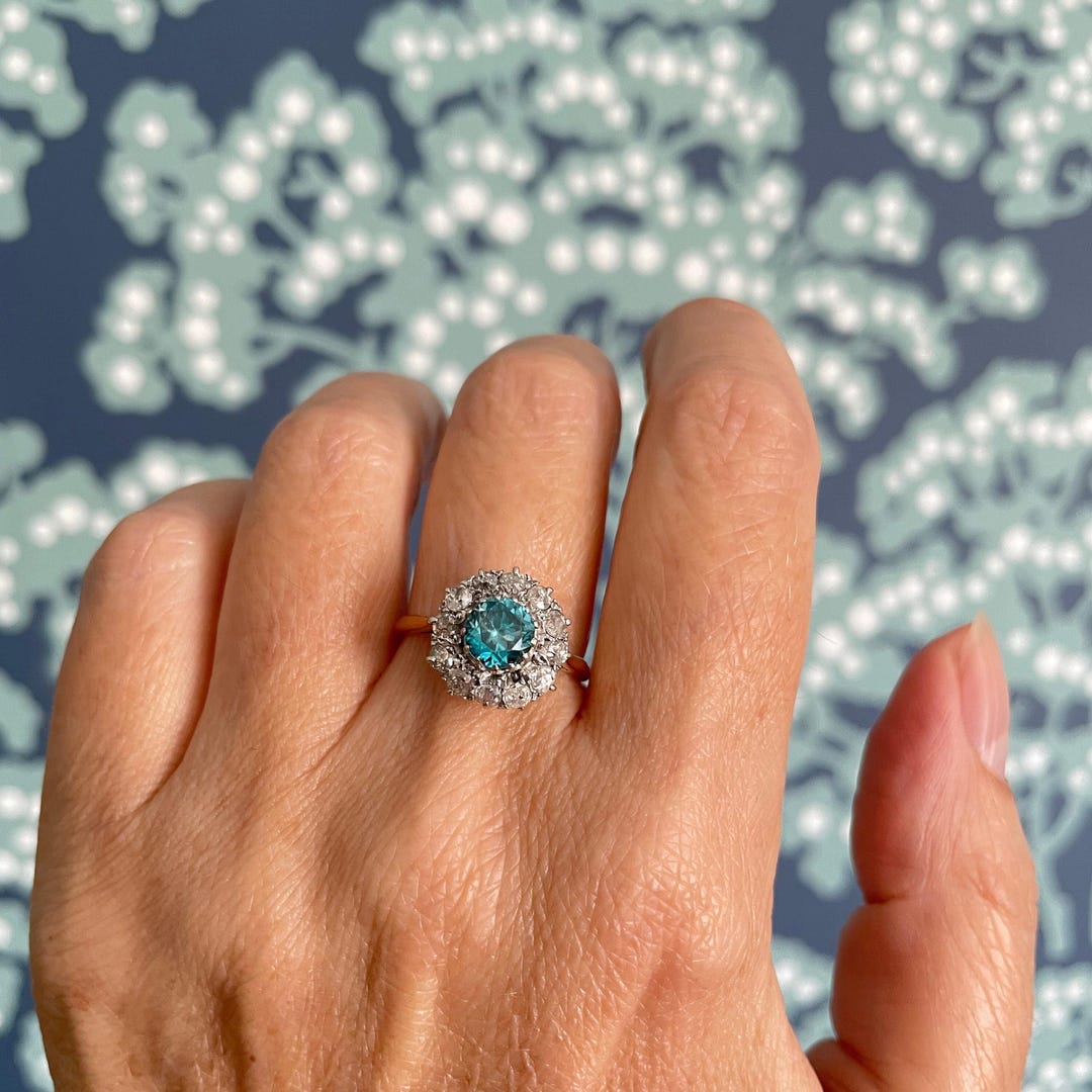 Antique 18ct Gold & Platinum, Blue Zircon, Old Cut Diamond Cluster Ring ...