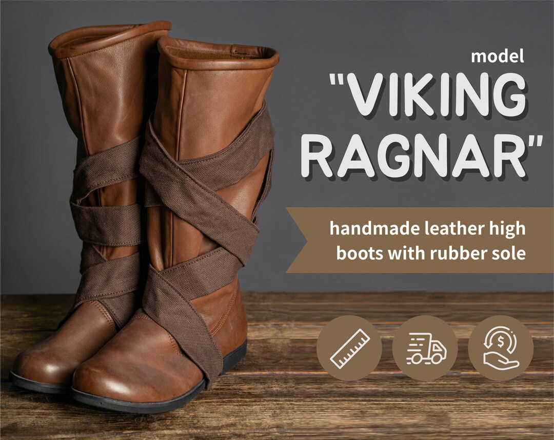Viking Boots With Ribbons Larp Brown Leather Shoes Ren Faire Handmade ...