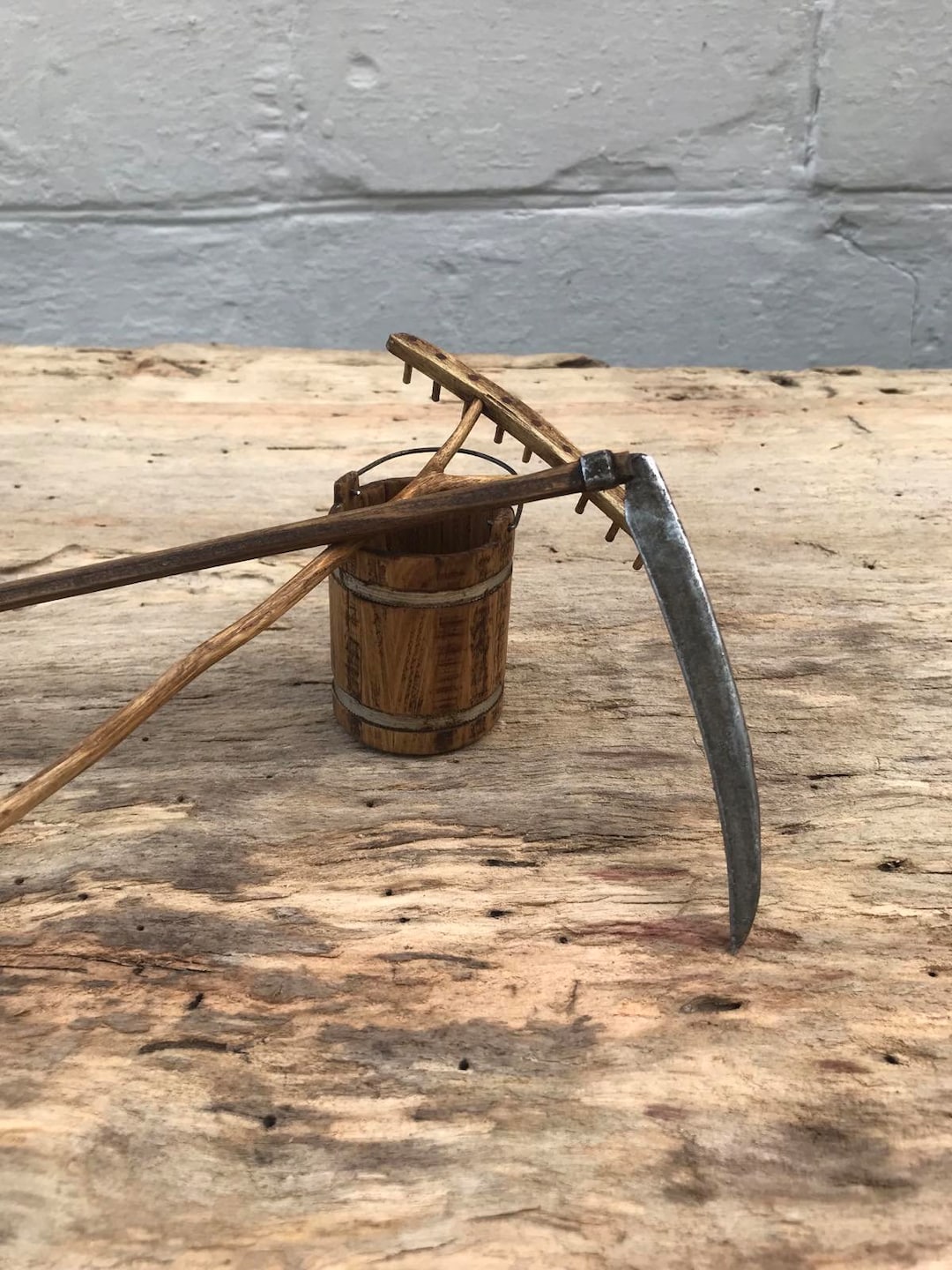 Scale 1:6, Set of Medieval Tools, Wooden Bucket, Rake, Scythe, Middle ...