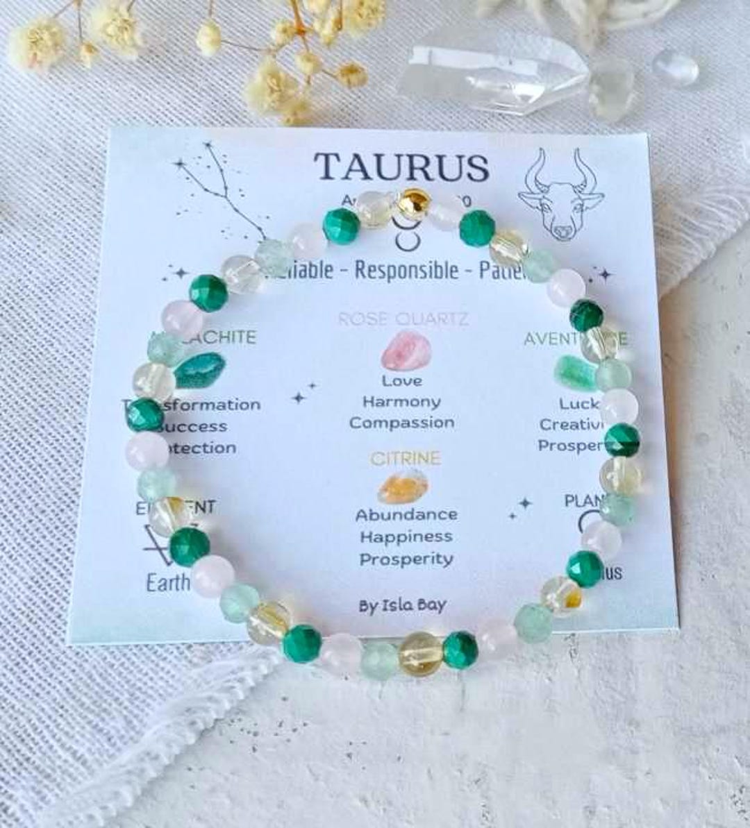 Taurus Zodiac Gemstones Bracelet, Malachite, Aventurine, Rose Quartz ...
