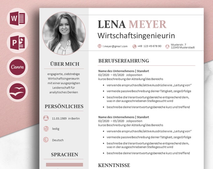 Application Templates Rosé, CV Template for Word, Powerpoint, Canva ...