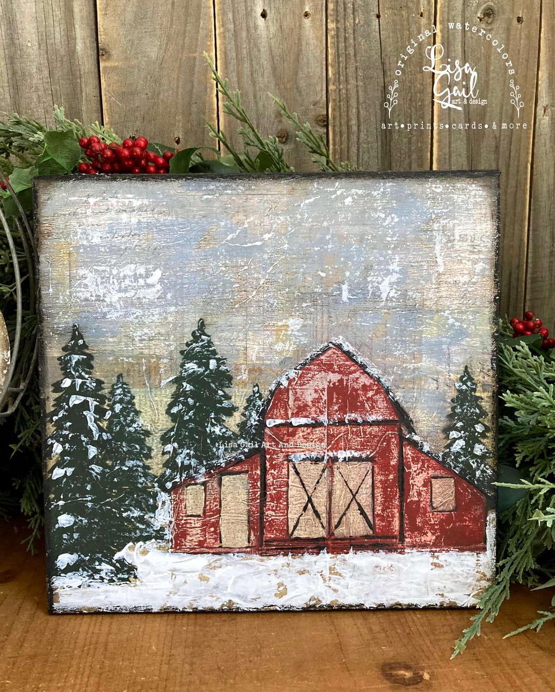 Farmhouse Original Mixed Media Art, Winter Barn Wall Art, Mixed Media Farm Art, Original Artist ...