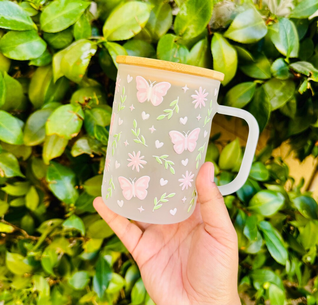 17oz Glass Mug/ Floral Butterfly Inspired Glass Cup/ Butterfly Mug ...