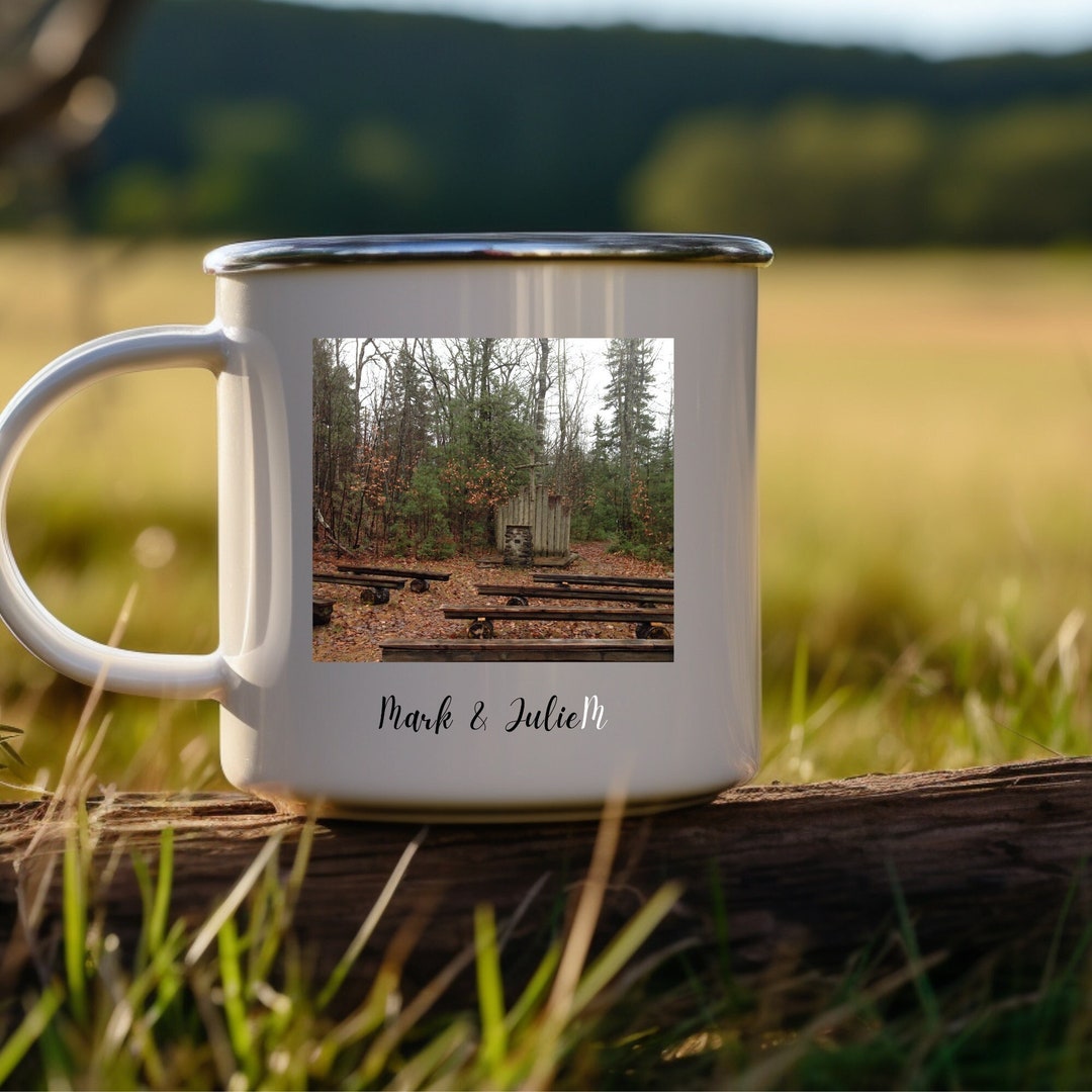 Personalized Enamel Camping Mug: Custom Nature Design, Couple's Gift - Etsy
